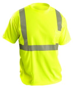 occunomix lux-ssetp2b-yl classic standard short sleeve wicking birdseye t-shirt with pocket, class 2, 100% ansi wicking polyester birdseye, large, yellow (high visibility)