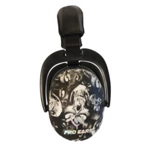 pro ears revo passive ear muffs, perfect for children & adults with smaller heads, nrr 25, comfortable fit w/proform leather cushions, ideal for hunting, concert, racing, usa-made, skulls