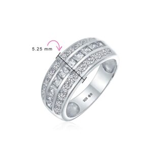 Bling Jewelry Art Deco AAA Cubic Zirconia Half Eternity Channel Set Princess Cut CZ Dome 3 Row Wide Statement Wedding Band Ring For Women .925 Sterling Silver Comfort Fit 8MM