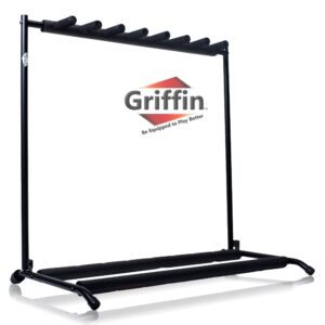 griffin seven guitar rack stand floor storage holder for multiple guitars | neck mount support for electric, acoustic bass, accessories | recording studios, schools, stage performers, wall hanger