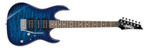 ibanez 6 string solid-body electric guitar, right, blue (grx70qatbb)