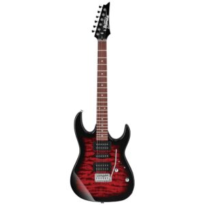 ibanez 6 string solid-body electric guitar, right, transparent red burst (grx70qatrb)