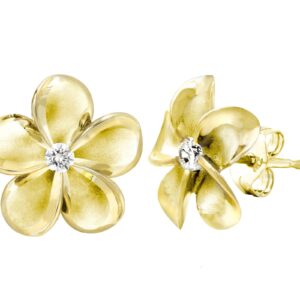 Honolulu Jewelry Company 14K Yellow Gold Plated Sterling Silver Plumeria Flower Nature Stud Earrings with CZ, 12mm