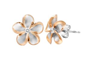 honolulu jewelry company sterling silver with 14k rose gold plated trim cz plumeria flower nature stud earrings, 12mm