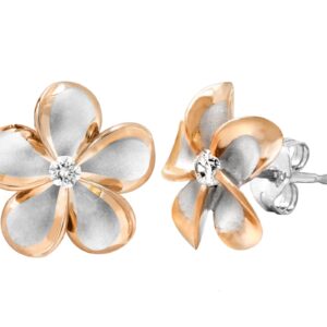 Honolulu Jewelry Company Sterling Silver with 14K Rose Gold Plated Trim CZ Plumeria Flower Nature Stud Earrings, 12mm