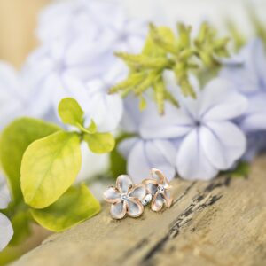 Honolulu Jewelry Company Sterling Silver with 14K Rose Gold Plated Trim CZ Plumeria Flower Nature Stud Earrings, 12mm