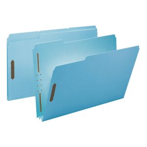 smead 100% recycled pressboard fastener file folder, 2 fasteners, 1/3-cut tab, 2" expansion, legal size, blue, 25 per box (20001)