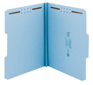 smead 100% recycled pressboard fastener file folder, 2 fasteners, 1/3-cut tab, 1" expansion, letter size, blue, 25 per box (15000)