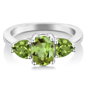 gem stone king 925 sterling silver green peridot 3-stone ring for women (2.11 cttw, oval 8x6mm, gemstone birthstone, available in size 5, 6, 7, 8, 9)