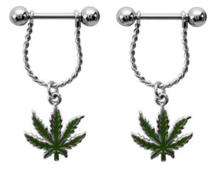 body accentz nipple ring bars 14g 1/2 forward facing pot leaf nipple barbell marijuana (pot leaf dangle)