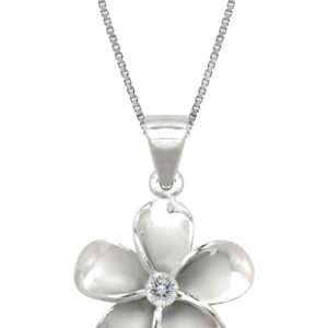 Honolulu Jewelry Company Sterling Silver CZ Plumeria Flower Nature Pendant Necklace with 18" Box Chain