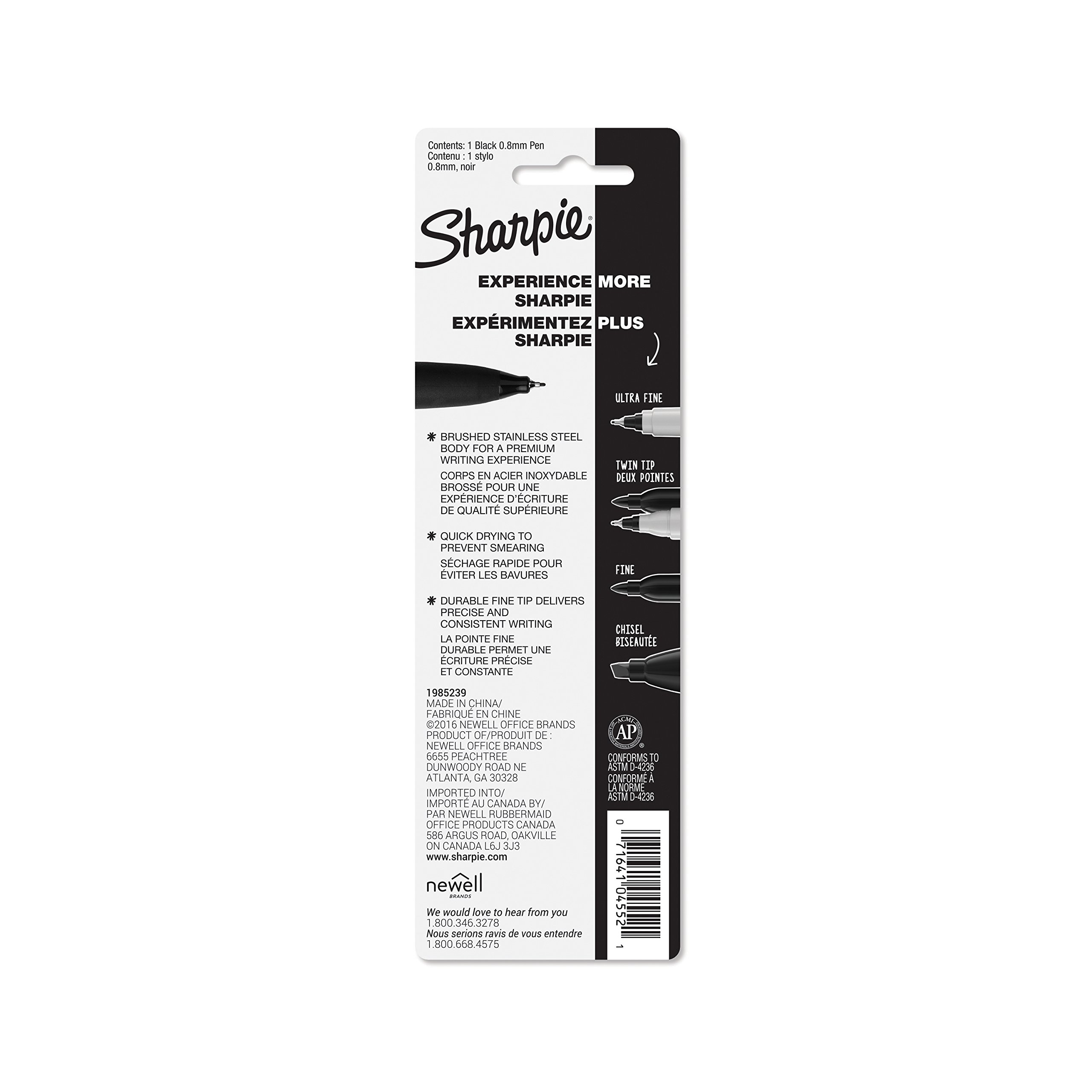 SHARPIE Stainless Steel Grip Pen, Fine Point (0.8mm), Black, 1 Count