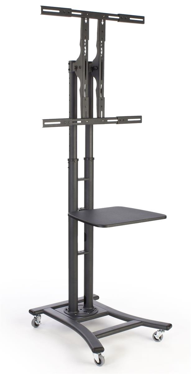 Displays2go TV Stand with Shelf, Holds 32 to 70 Inch Flat Screen Monitor, Height Adjustable and Tilting – Black (MBTVSBK2SS)