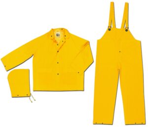 mcr safety fr2003xl classic pvc/polyester 3-piece flame resistant rainsuit with attached hood and bib pants, yellow, x-large