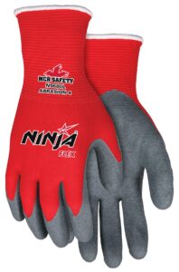 memphis gloves mcr safety large ninja flex 15 gauge gray latex palm and fingertips coated work gloves with red nylon liner and knit wrist, gray/red (n9680l)