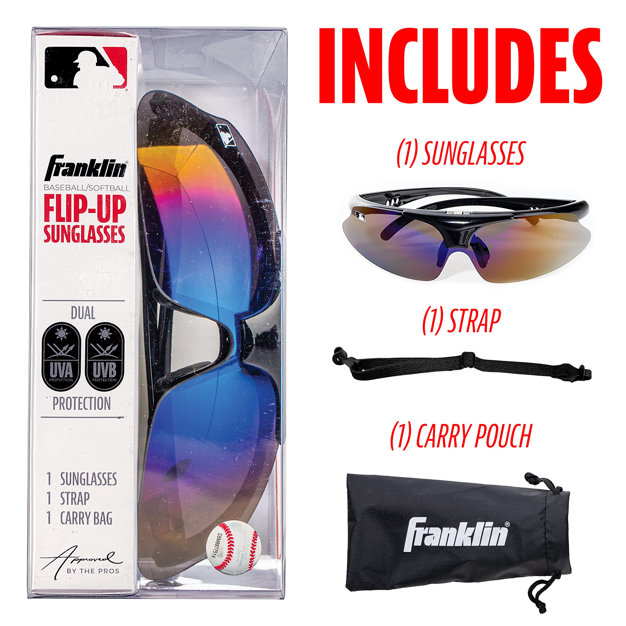 Franklin Sports MLB - Flip Up Baseball + Softball Sunglasses for Kids + Adults - Lightweight Sport Sunglasses for UV Protection, Black, 60mm