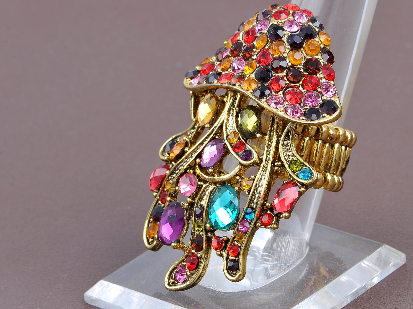 Alilang Rainbow Colorful Crystal Rhinestone Jellyfish Poison Tentacles Bejeweled Rings