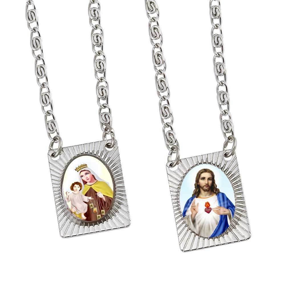 Scapulars Catholic I Sacred Heart of Jesus & Our Lady of Mount Carmel Medals I Stainless Steel Scapular Necklace for Women & Men - 14 Inch I Catholic Religious Necklace - Colored Icons