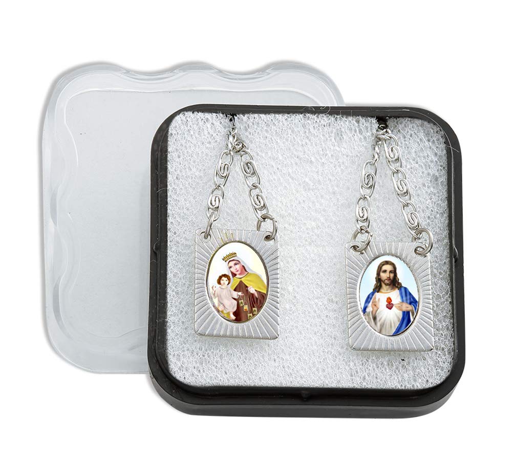 Scapulars Catholic I Sacred Heart of Jesus & Our Lady of Mount Carmel Medals I Stainless Steel Scapular Necklace for Women & Men - 14 Inch I Catholic Religious Necklace - Colored Icons