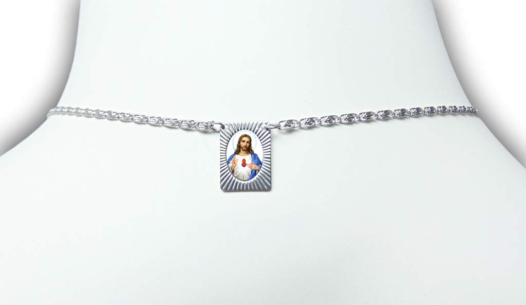 Scapulars Catholic I Sacred Heart of Jesus & Our Lady of Mount Carmel Medals I Stainless Steel Scapular Necklace for Women & Men - 14 Inch I Catholic Religious Necklace - Colored Icons