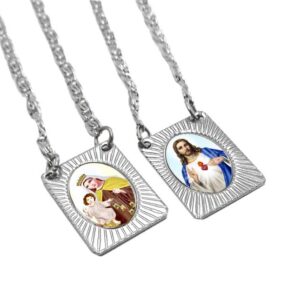 Scapulars Catholic I Sacred Heart of Jesus & Our Lady of Mount Carmel Medals I Stainless Steel Scapular Necklace for Women & Men - 14 Inch I Catholic Religious Necklace - Colored Icons