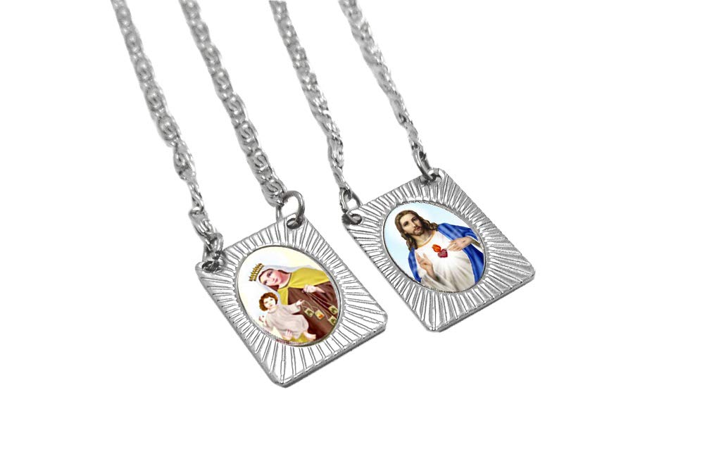 Scapulars Catholic I Sacred Heart of Jesus & Our Lady of Mount Carmel Medals I Stainless Steel Scapular Necklace for Women & Men - 14 Inch I Catholic Religious Necklace - Colored Icons