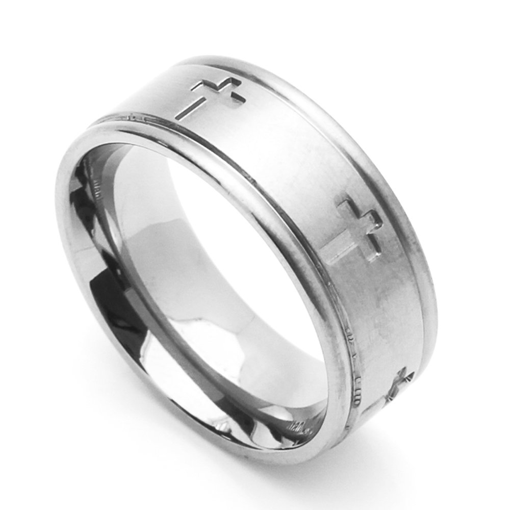 Double Accent 8MM Comfort Fit Stainless Steel Wedding Band Cross Ring (Size 6 to 14) Size 12