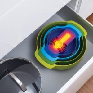 Joseph Joseph Nest 9 Plus, 9 Piece Compact Food Preparation Set with Mixing Bowls, Measuring cups, Sieve and Colander, MultiColor