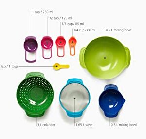 Joseph Joseph Nest 9 Plus, 9 Piece Compact Food Preparation Set with Mixing Bowls, Measuring cups, Sieve and Colander, MultiColor