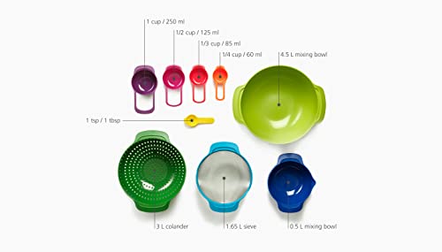 Joseph Joseph Nest 9 Plus, 9 Piece Compact Food Preparation Set with Mixing Bowls, Measuring cups, Sieve and Colander, MultiColor