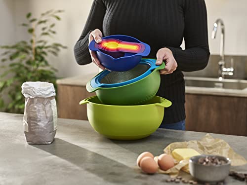 Joseph Joseph Nest 9 Plus, 9 Piece Compact Food Preparation Set with Mixing Bowls, Measuring cups, Sieve and Colander, MultiColor