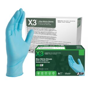 x3 blue nitrile disposable industrial gloves, 3 mil, latex/powder-free, food-safe, non-sterile, textured, large, case of 1000