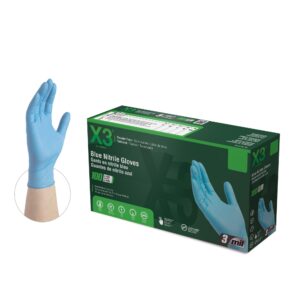 X3 Blue Nitrile Disposable Industrial Gloves, 3 Mil, Latex/Powder-Free, Food-Safe, Non-Sterile, Textured, Large, Case of 1000