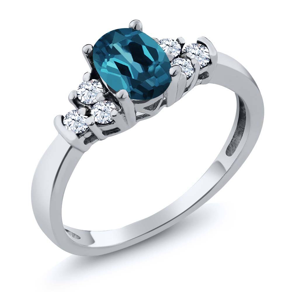 Gem Stone King 925 Sterling Silver London Blue Topaz and White Topaz Ring For Women (0.79 Cttw, Oval 6X4MM, Gemstone Birthstone, Available In Size 5, 6, 7, 8, 9)