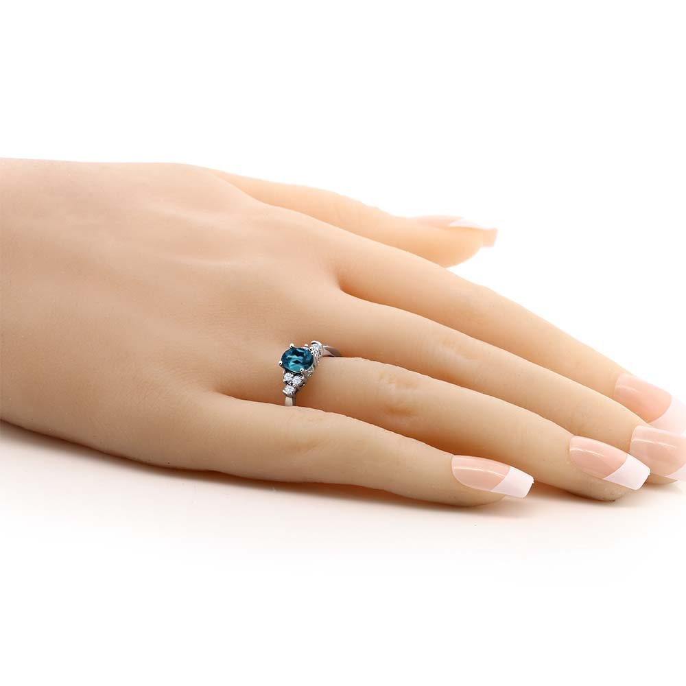 Gem Stone King 925 Sterling Silver London Blue Topaz and White Topaz Ring For Women (0.79 Cttw, Oval 6X4MM, Gemstone Birthstone, Available In Size 5, 6, 7, 8, 9)