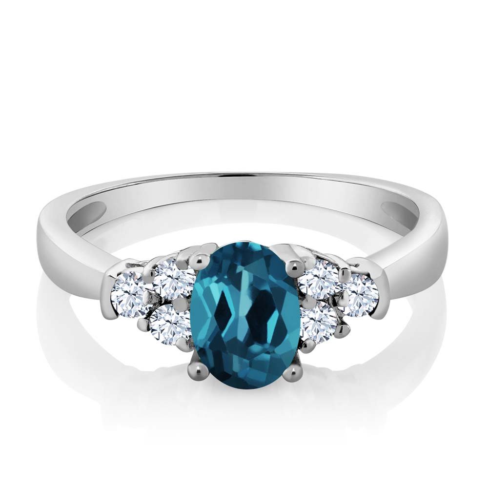 Gem Stone King 925 Sterling Silver London Blue Topaz and White Topaz Ring For Women (0.79 Cttw, Oval 6X4MM, Gemstone Birthstone, Available In Size 5, 6, 7, 8, 9)