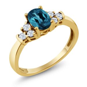 gem stone king 18k yellow gold plated silver london blue topaz and white topaz ring for women (0.79 cttw, oval gemstone birthstone, available in size 5, 6, 7, 8, 9)