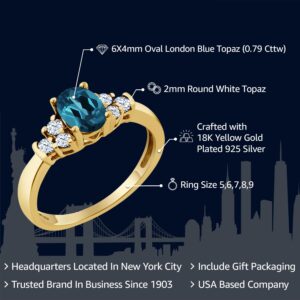 Gem Stone King 18K Yellow Gold Plated Silver London Blue Topaz and White Topaz Ring For Women (0.79 Cttw, Oval Gemstone Birthstone, Available In Size 5, 6, 7, 8, 9)