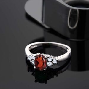 Gem Stone King 925 Sterling Silver Oval Red Garnet and White Topaz Jewelry Ring For Women (0.79 Cttw, Gemstone Birthstone, Available In Size 5, 6, 7, 8, 9)