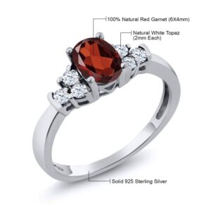 Gem Stone King 925 Sterling Silver Oval Red Garnet and White Topaz Jewelry Ring For Women (0.79 Cttw, Gemstone Birthstone, Available In Size 5, 6, 7, 8, 9)