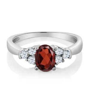 Gem Stone King 925 Sterling Silver Oval Red Garnet and White Topaz Jewelry Ring For Women (0.79 Cttw, Gemstone Birthstone, Available In Size 5, 6, 7, 8, 9)