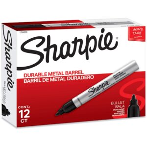 sharpie metal barrel permanent markers, bullet tip, black, 12 count