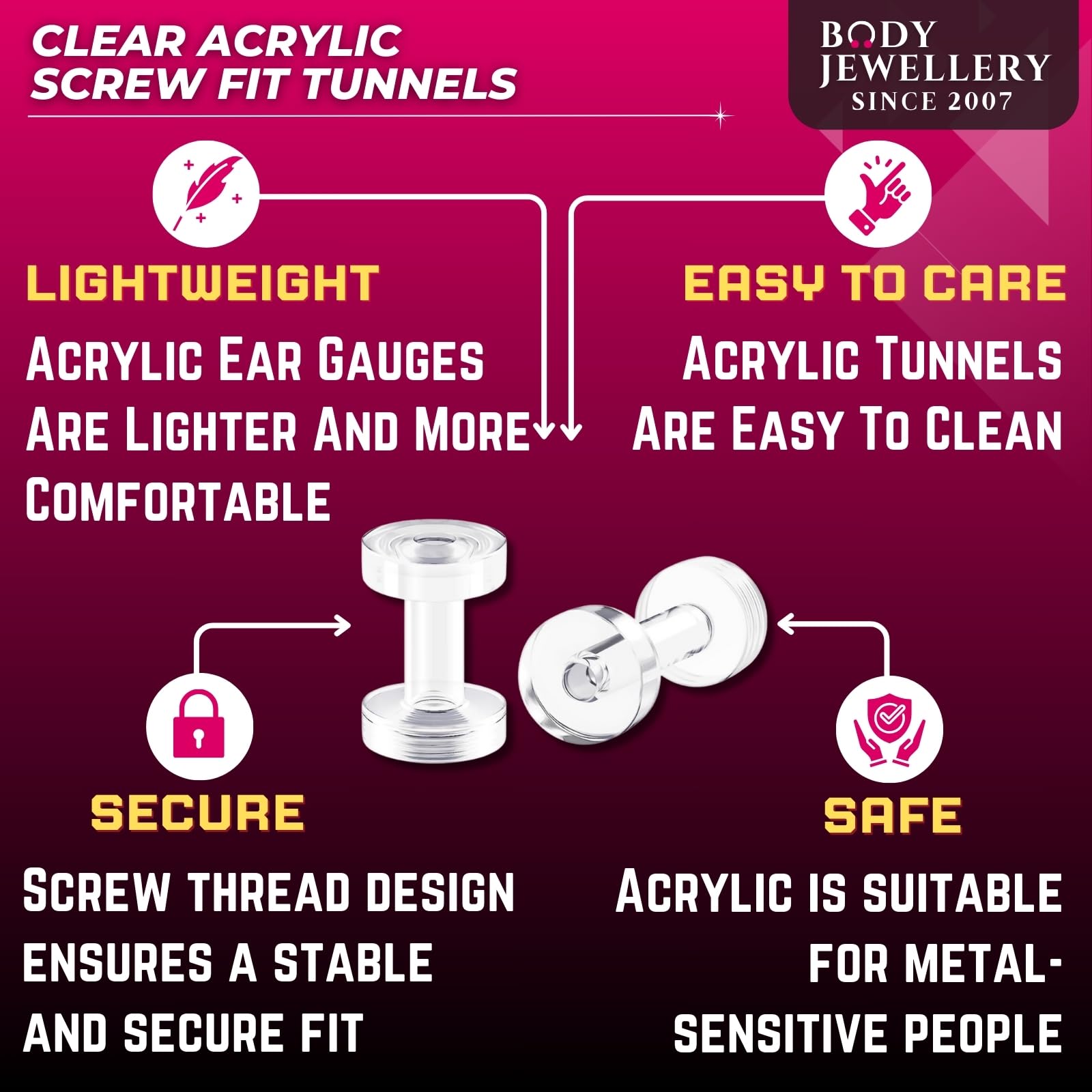 bodyjewellery 8G 8 gauge 3mm - Clear Acrylic screw fit Flesh Tunnels Ear Plugs ADAE - Ear Stretching Expanders Stretchers - Sold as a Pair