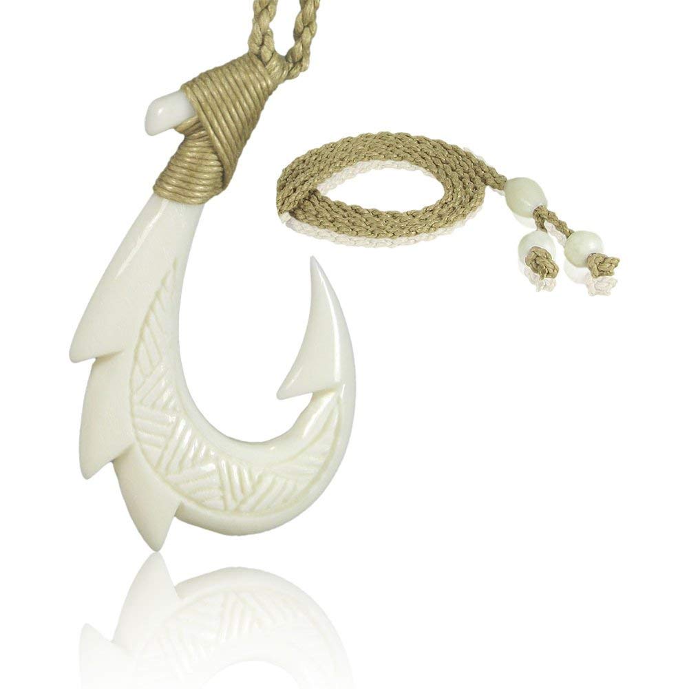 KanaKala Pacific Hawaiian Hand Carved Bone Fish Hook Necklace