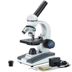 amscope m150a compound monocular microscope, wf10x and wf16x eyepieces, 40x-640x magnification, led illumination, brightfield, single-lens condenser, coaxial coarse and fine focus, plain stage, 110v