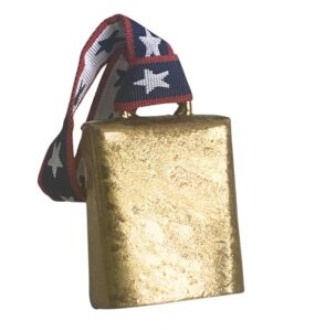 loud 4.5" high cow bell for sporting events, brass coated moen bell with stars and stripes webbing cheering bell