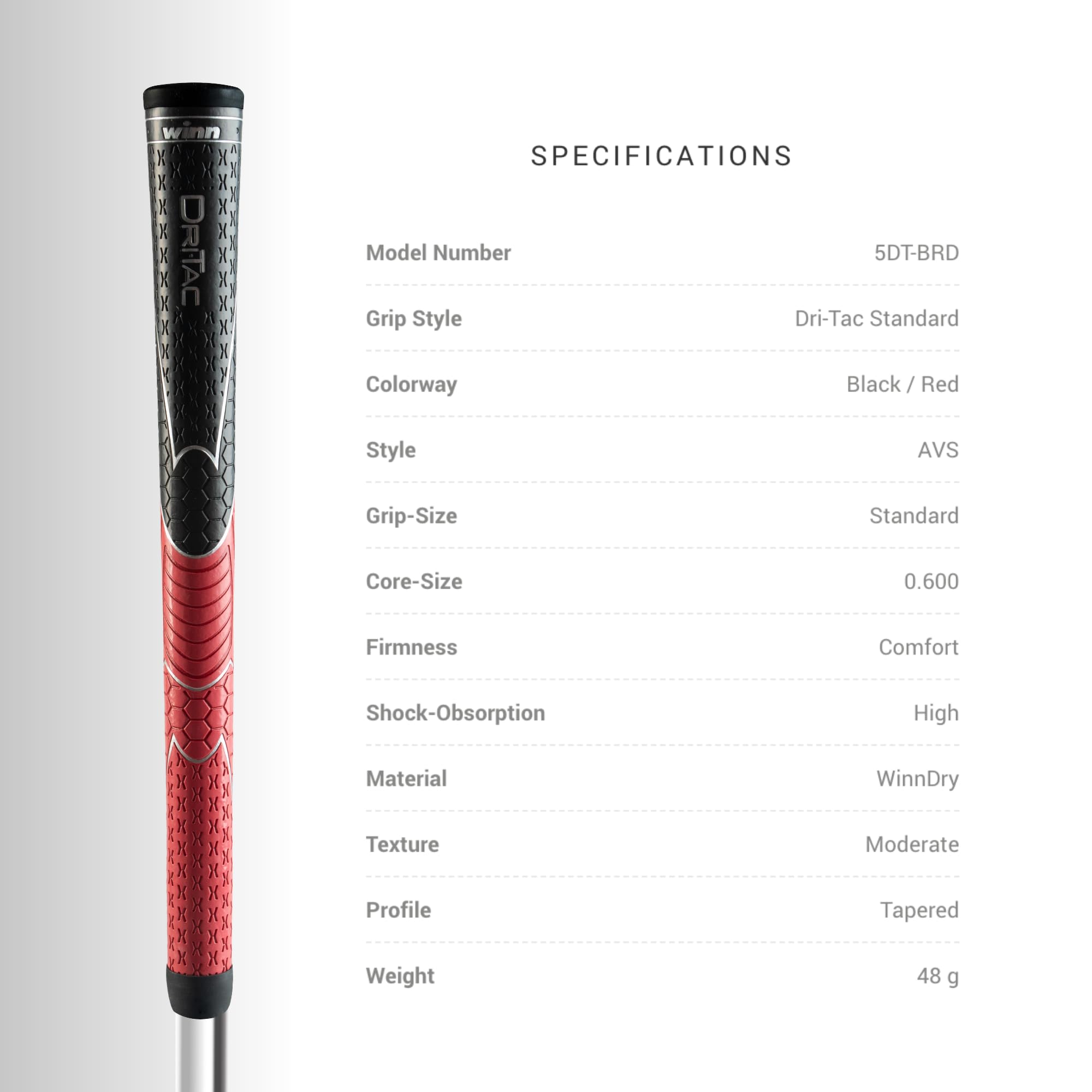 WINN DRI-TAC STANDARD Golf Grip, Non-Slip & Cushioned Comfort, Moisture-Wicking & Shock Absorption, AVS Tech, Hand Alignment & Lighter Grip Pressure, Tacky in All Weather, High-Performance Polymer