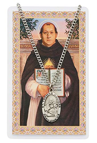 St. Thomas Aquinas 1-inch Pewter Medal Pendant Necklace with Holy Prayer Card