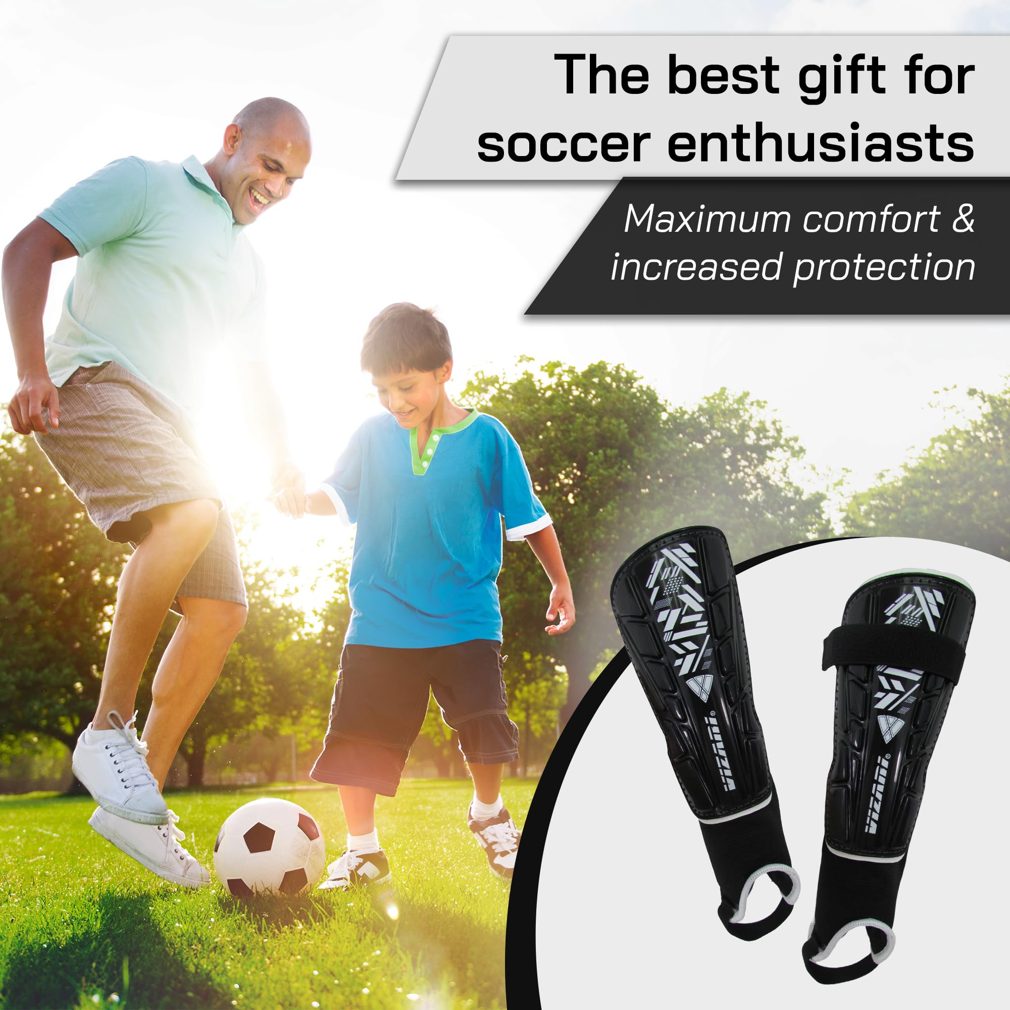 Vizari Malaga Soccer Shin Guard for Kids| Youth Soccer Shin Guard | Lightweight and Breathable Child Calf Protective Gear Soccer Equipment | Black/White | Medium