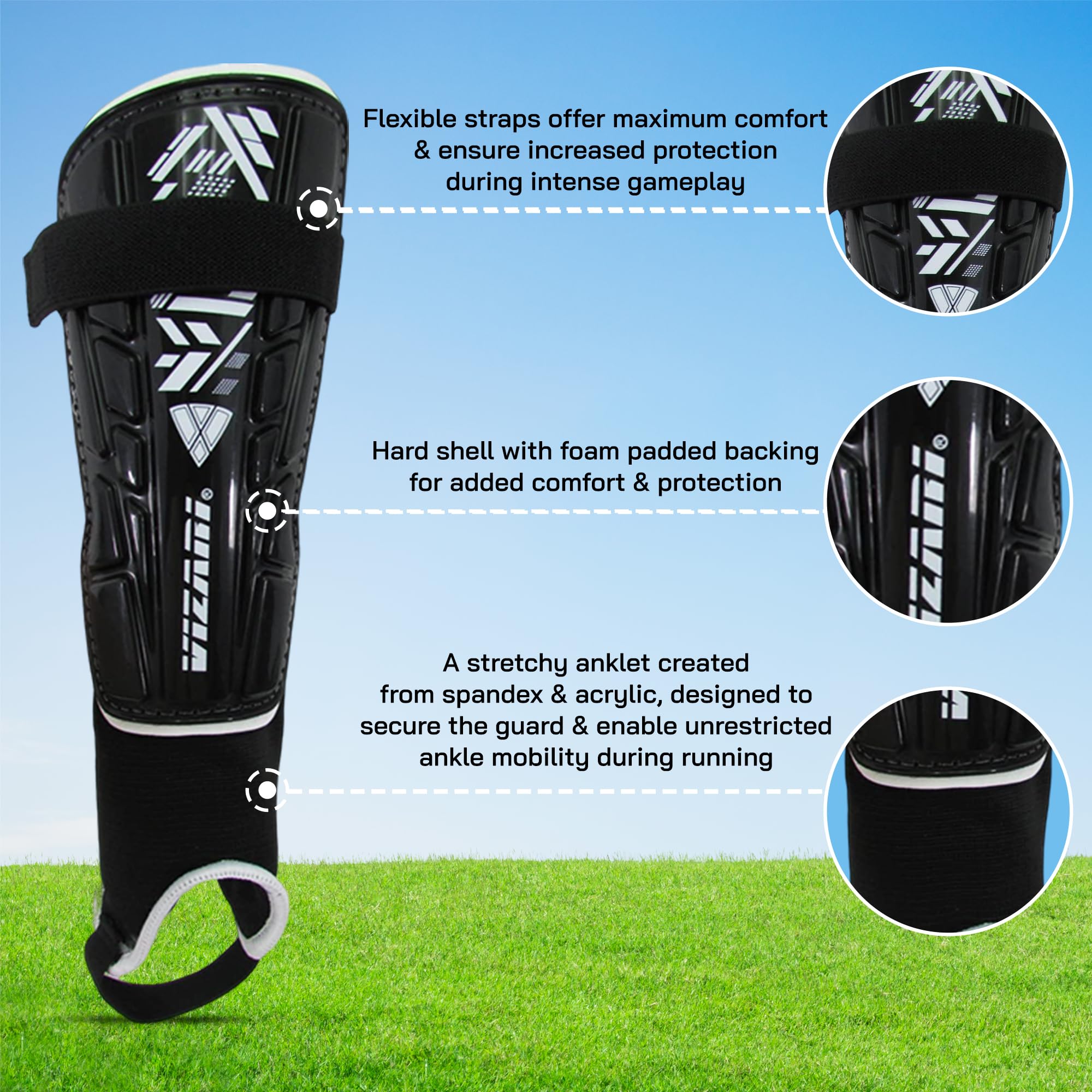 Vizari Malaga Soccer Shin Guard for Kids| Youth Soccer Shin Guard | Lightweight and Breathable Child Calf Protective Gear Soccer Equipment | Black/White | Medium